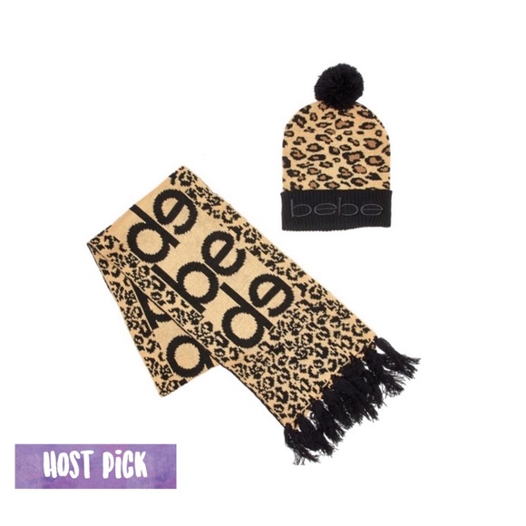 bebe | Accessories | Nwt Bebe Leopard Knit Pompom Hat And Scarf Set ...